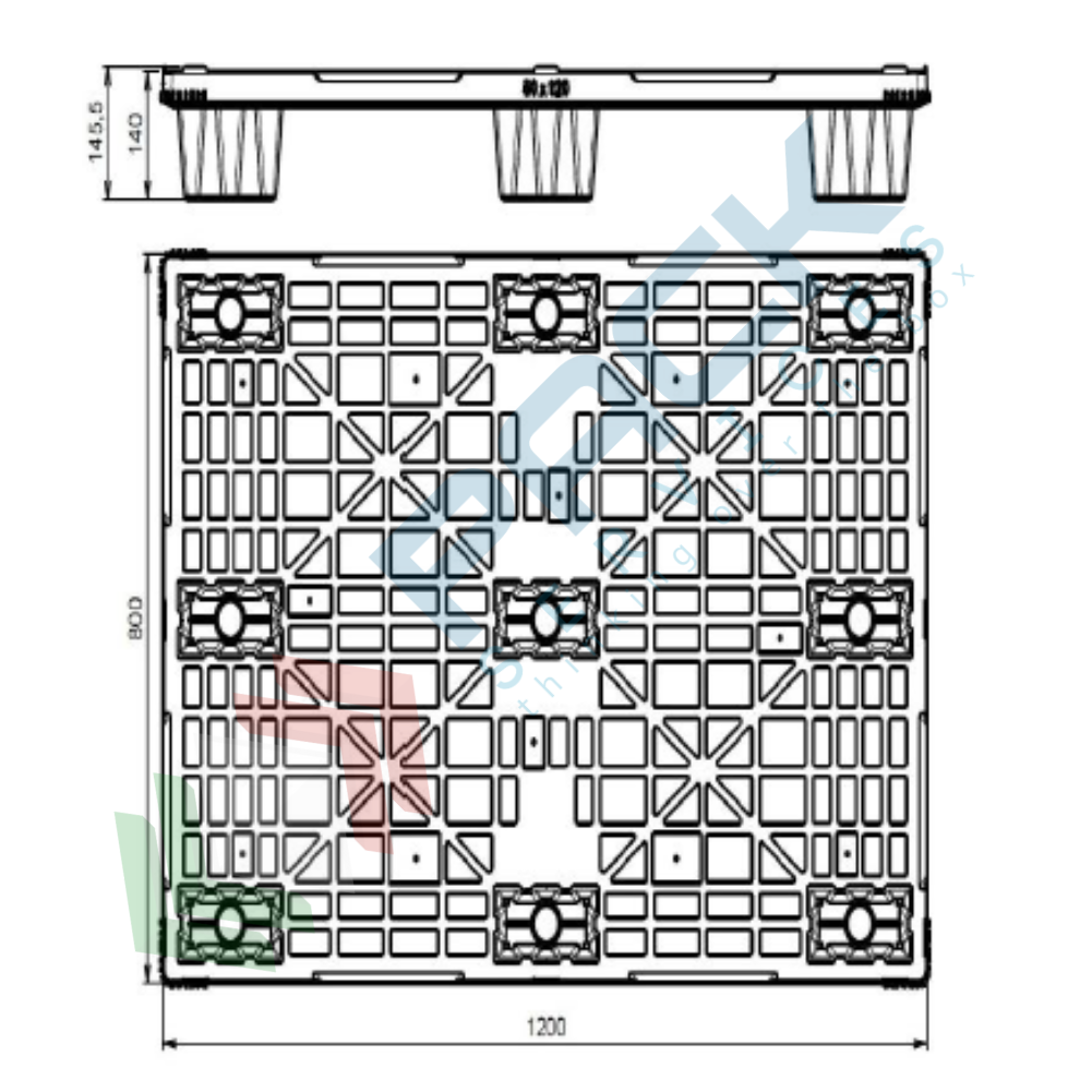Pallet 80 x 120 in PP-PCR, piano forato, 9 piedi - Strong