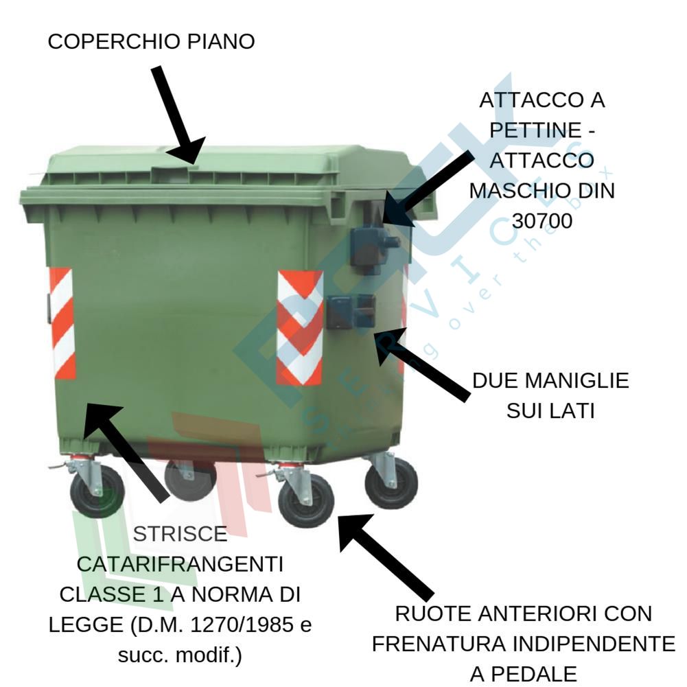 Cassonetto rifiuti 1100 Lt, UNI EN 840, colore verde