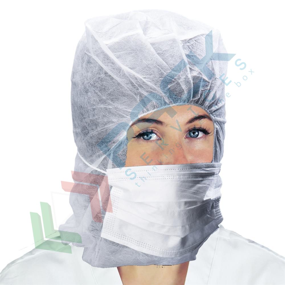 Cappucci monouso in TNT di polipropilene (PP) 20 g/mq, con mascherina ...