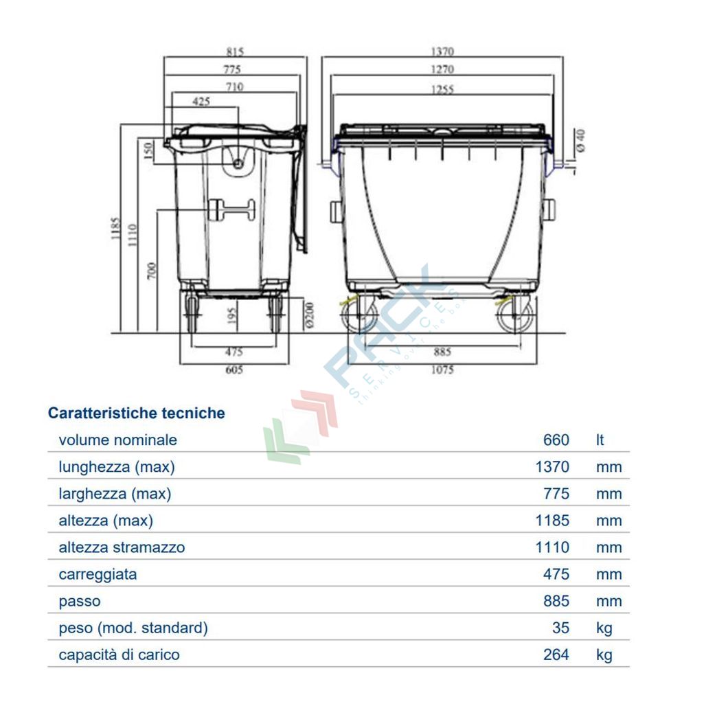 Cassonetto rifiuti 660 Lt, UNI EN 840, colore verde