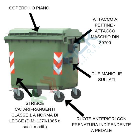Cassonetto rifiuti 660 Lt, UNI EN 840, colore verde