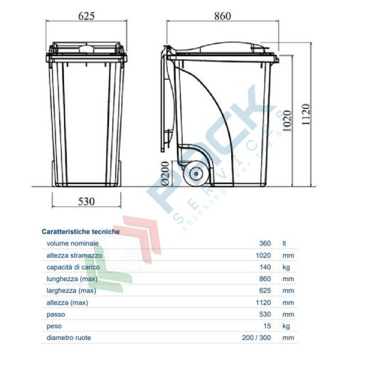 Bidone spazzatura 360 Lt, UNI EN 840, colore bianco